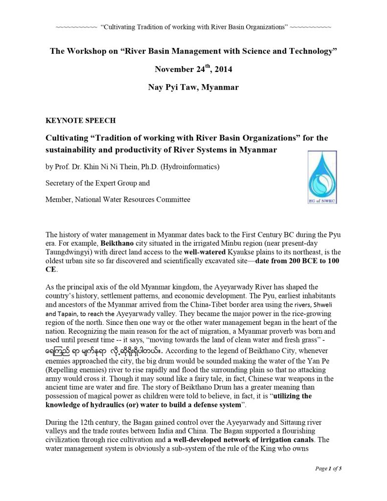 “2014 Keynote Speech on River Basin Management with Science and ...